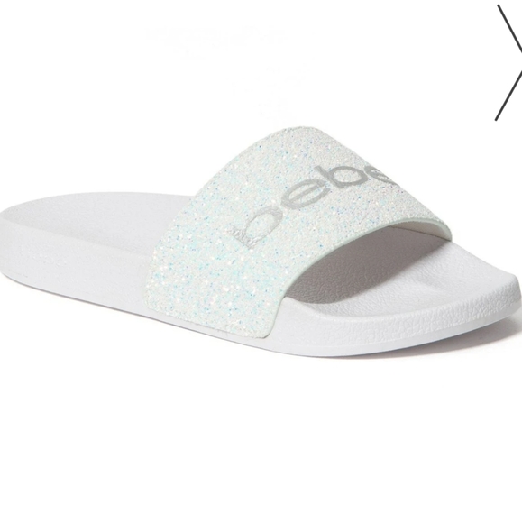 bebe | Shoes | Bebe White Slides Grey Shimmer Logo | Poshmark